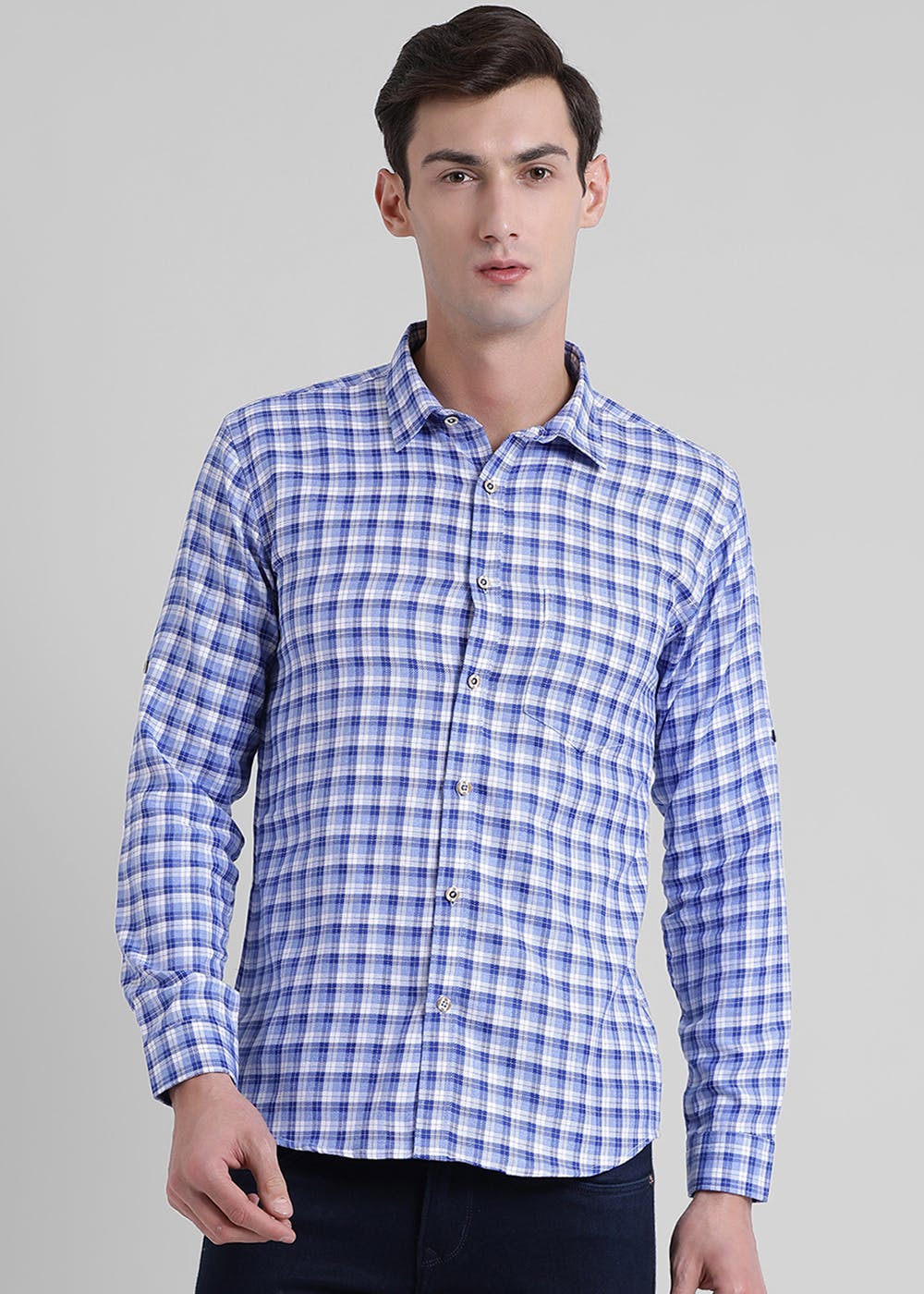 Get Two-Tone Pinstriped Checkered Blue Shirt at ₹ 699 | LBB Shop