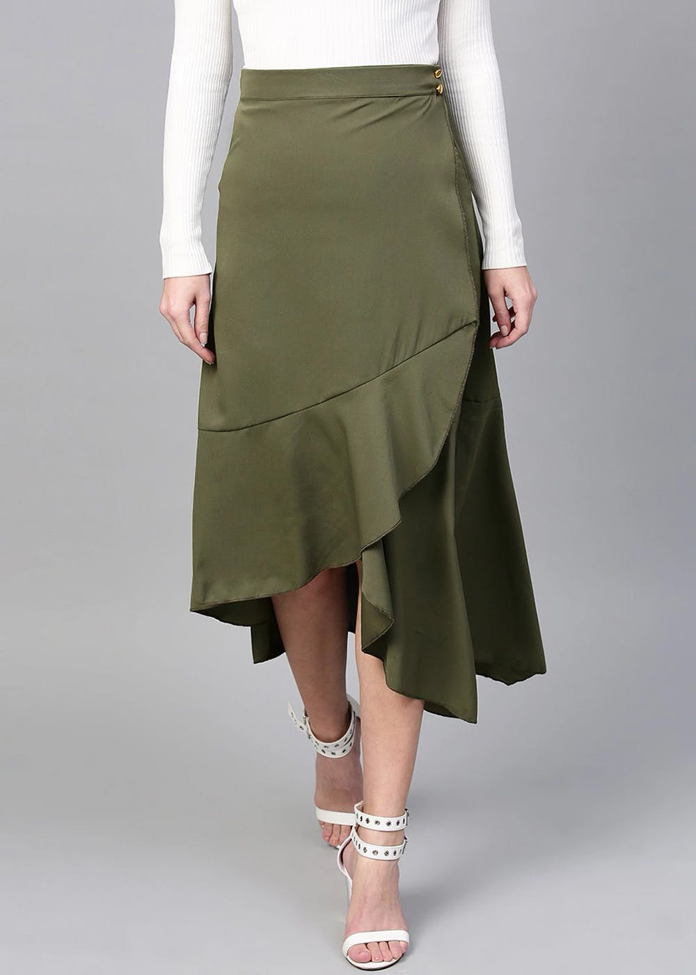 Get Solid Asymmetric Hem Wrap Skirt at ₹ 489 | LBB Shop