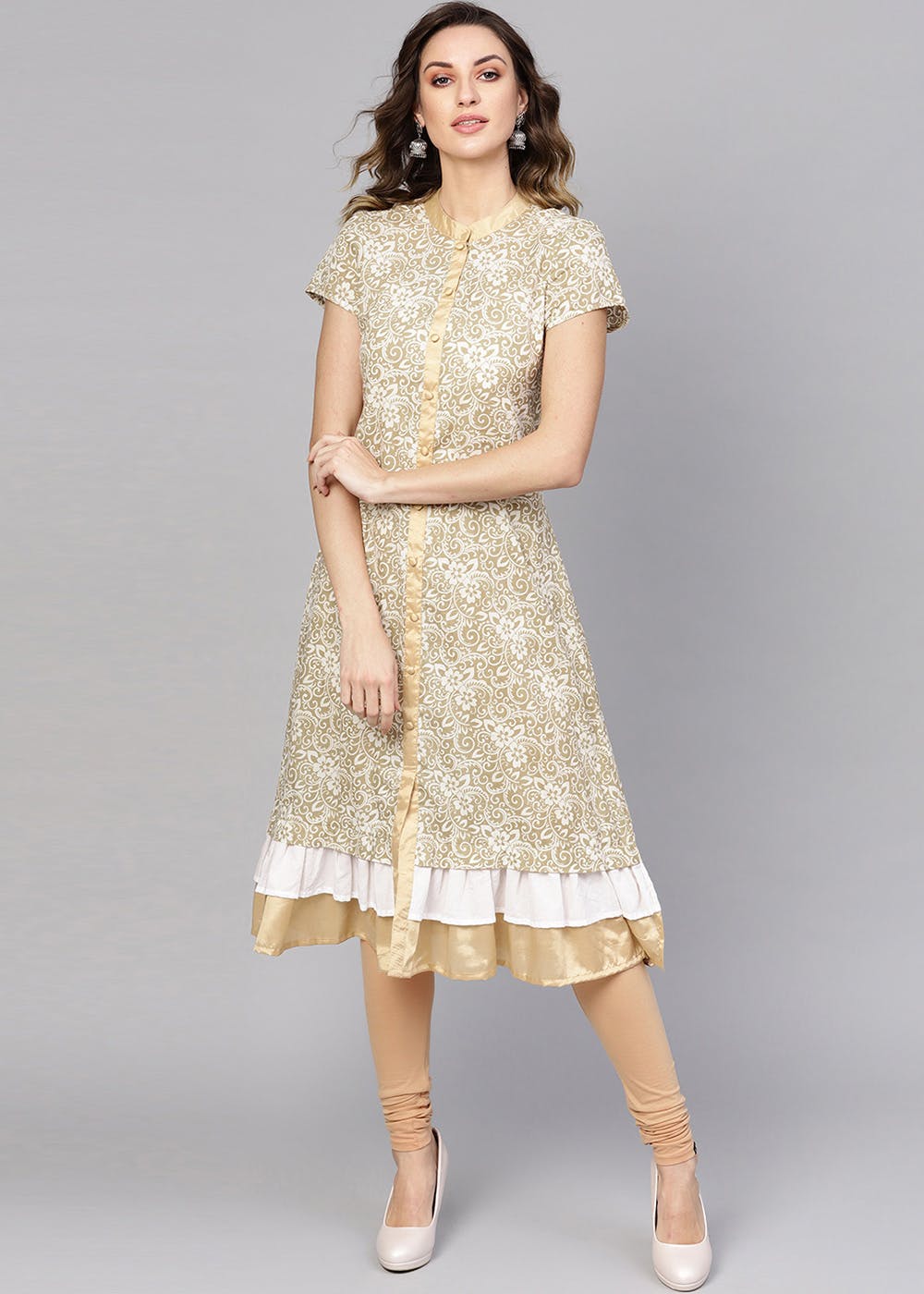 Get Contrast Double Layered Frill Hem Detail Printed Kurta At ₹ 1049