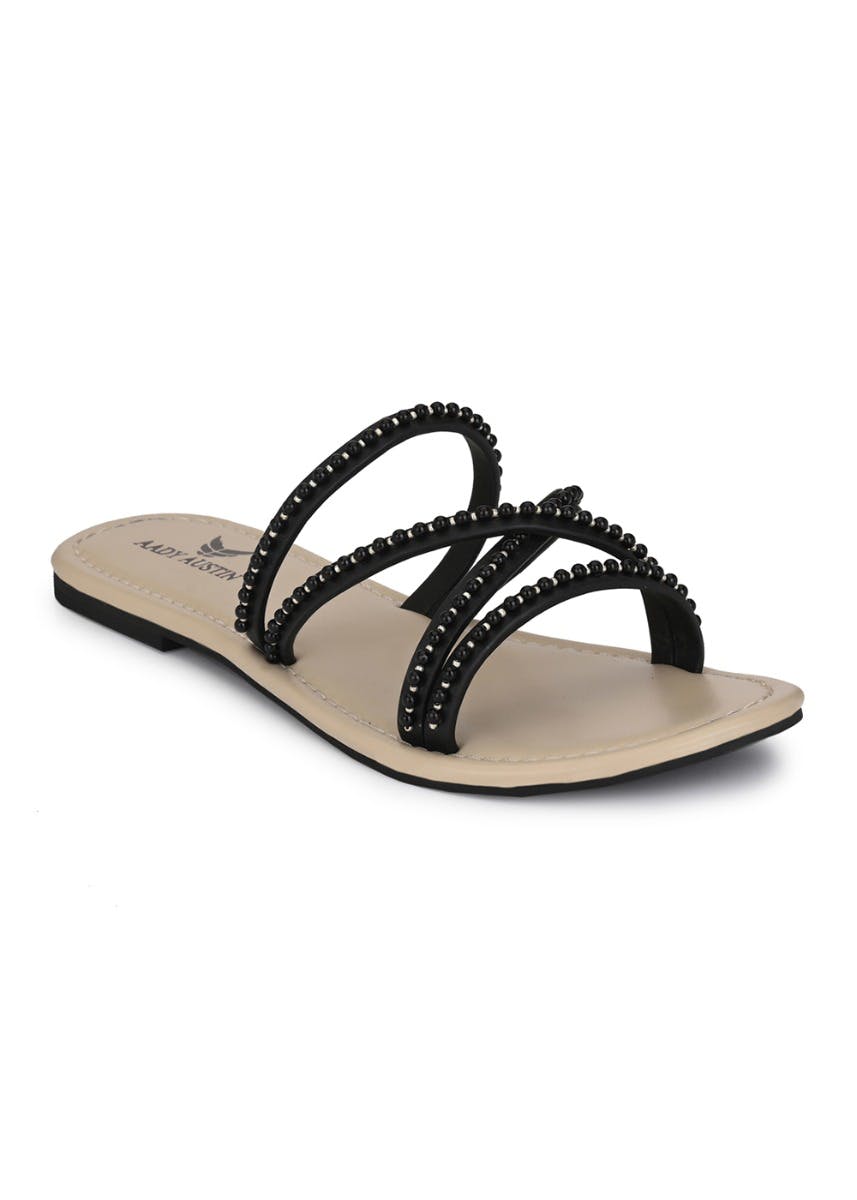Get Beaded Multi Strapped Black Slides at ₹ 1519 | LBB Shop