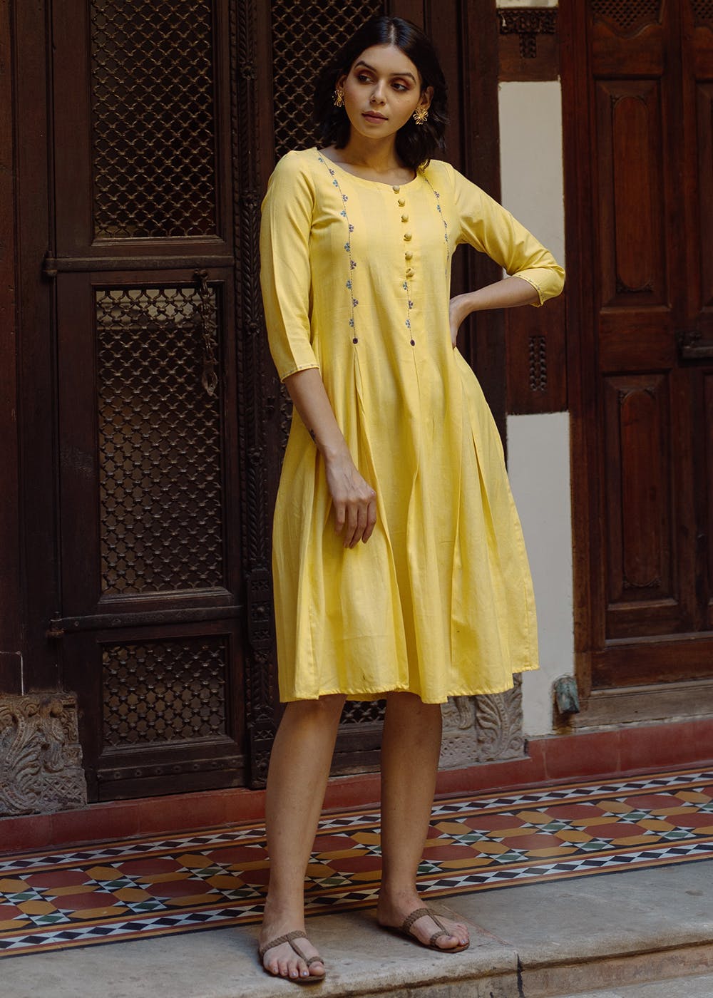 Get Two-Tone Delicate Floral Embroidered Yellow Pleated Dress at ₹ 2500 ...