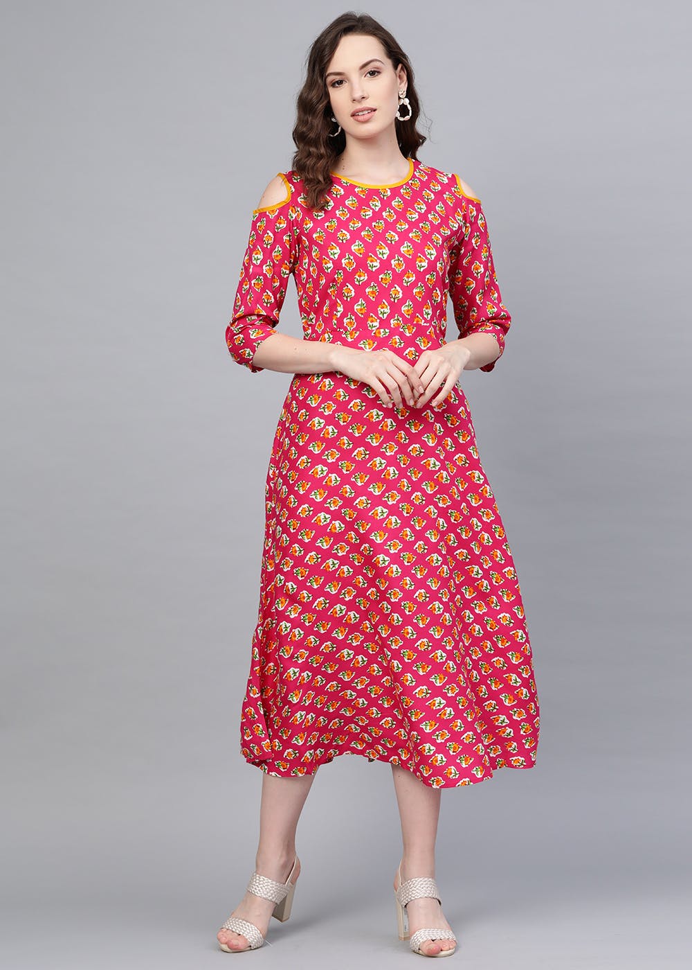 Get Rose Printed Pink Cold Shoulder Dress at ₹ 600 | LBB Shop