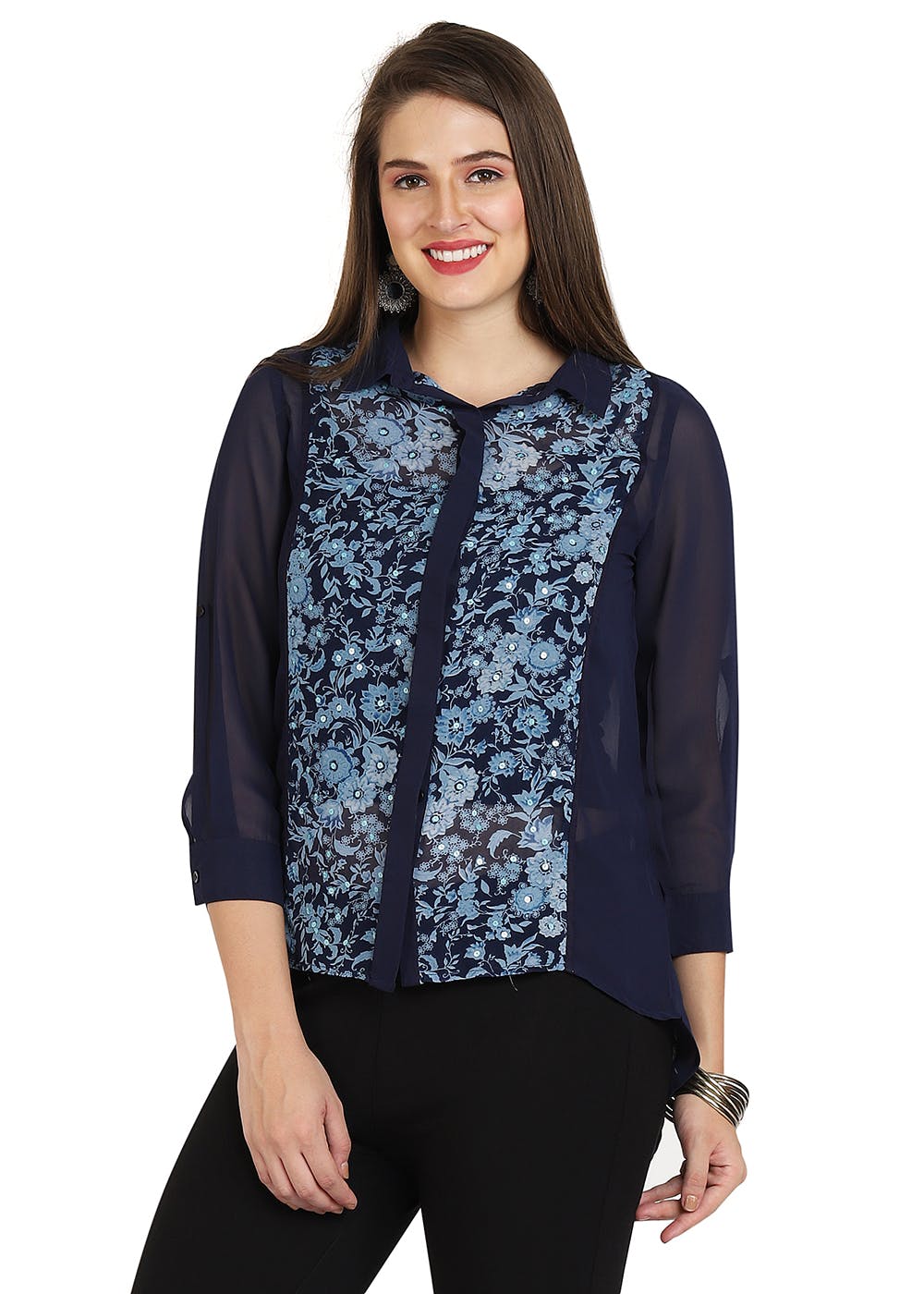 Get Floral Printed Panel Button Down High Low Shirt at ₹ 1100 | LBB Shop