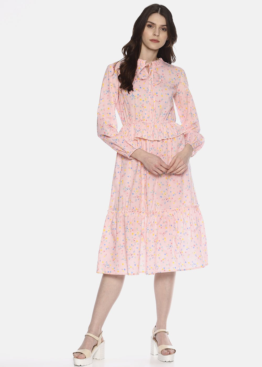 Get Ruffle Detail Delicate Floral Printed Layered Dress At ₹ 1199 Lbb