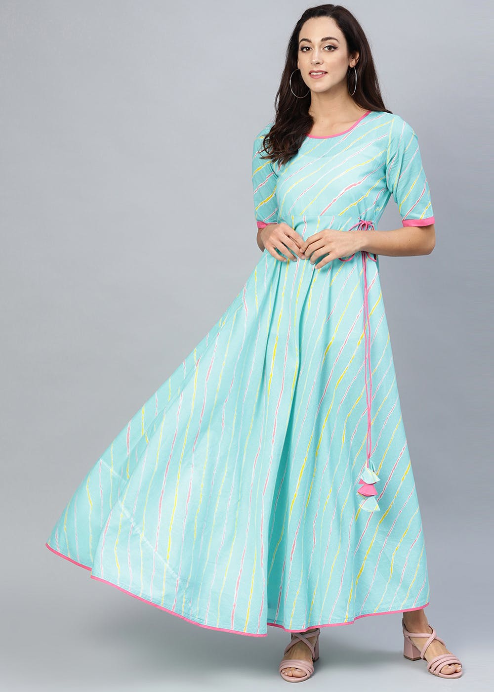 Get Contrast Trim Detail Lehariya Printed Blue Maxi Dress At ₹ 1189