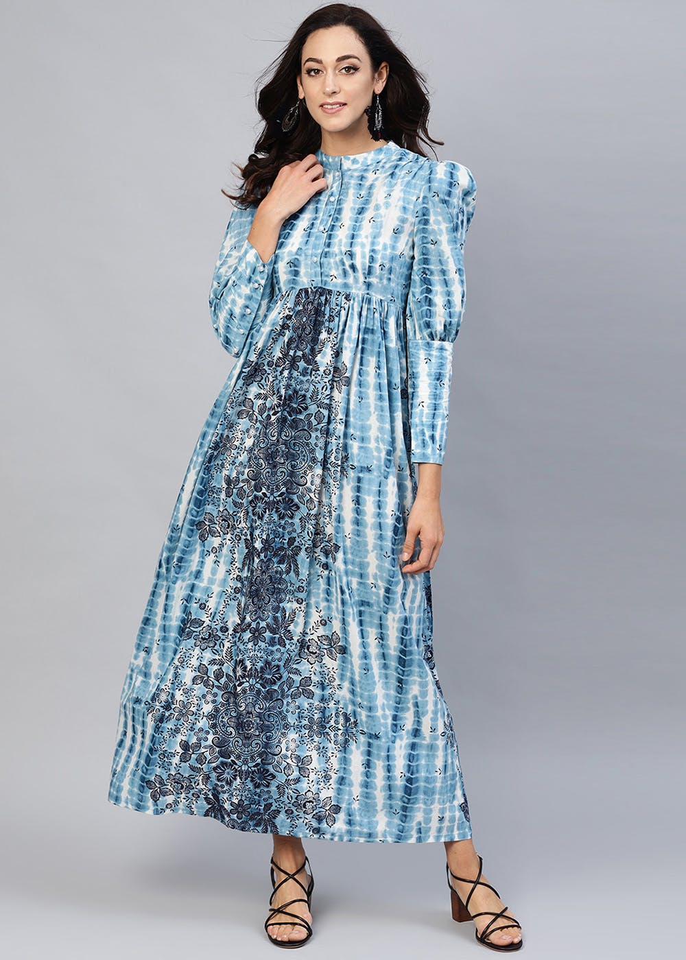 Get Blue Printed Puffed Sleeve Maxi Dress At ₹ 1119 Lbb Shop