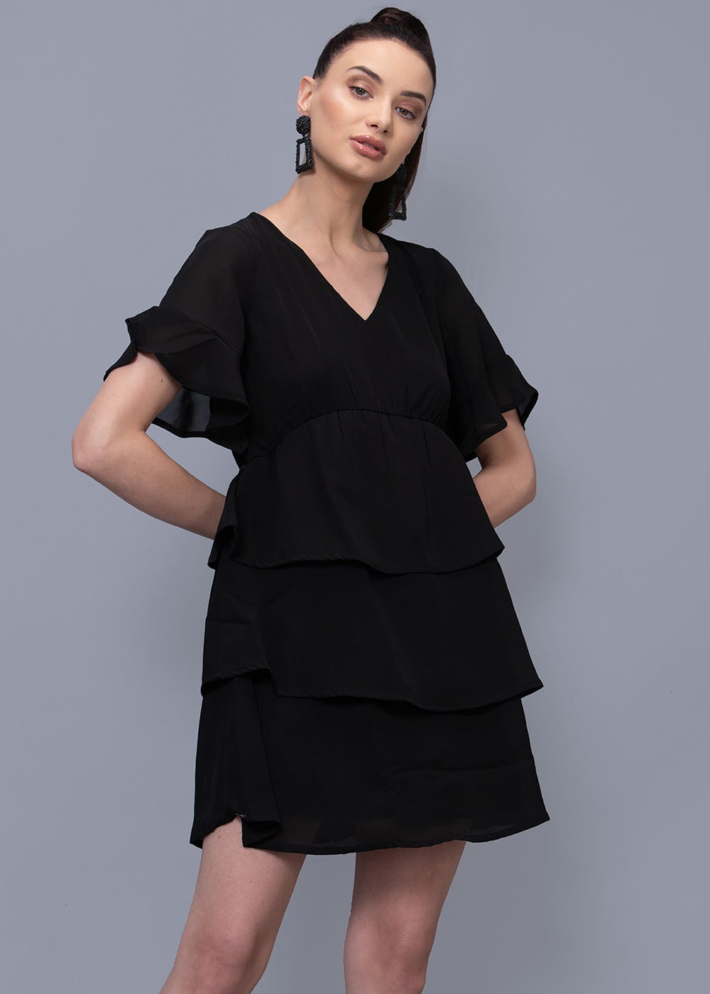 Get Black V-Neck Layered Dress at ₹ 799 | LBB Shop