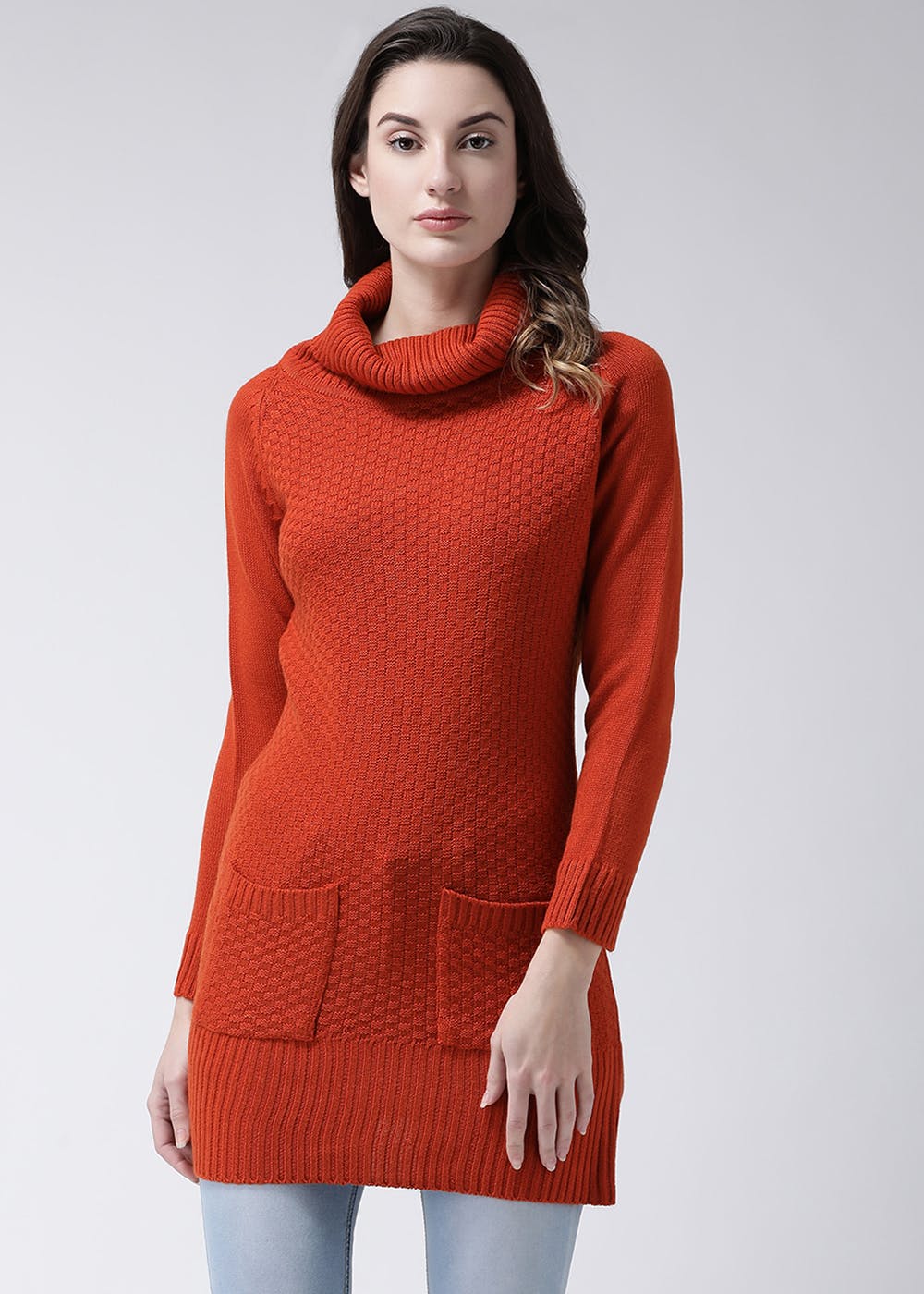 Get Self Design Orange Cowl Neck Long Sweater at ₹ 1155 | LBB Shop
