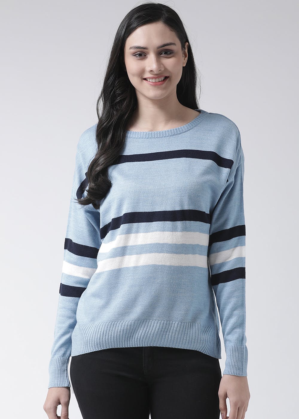 Get Two-Tone Panel Striped Detail Solid Sweater at ₹ 660 | LBB Shop