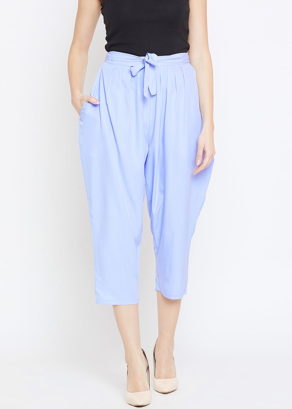 Get Solid Pleated Waist Tie Capris at ₹ 539 | LBB Shop