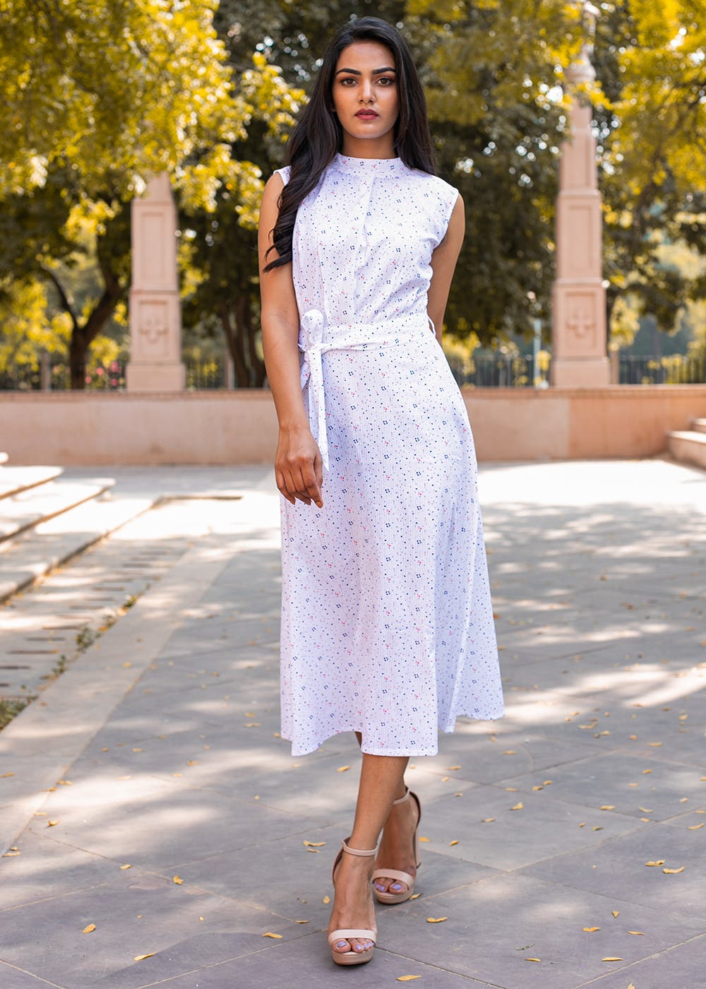 Get Two-Tone Geometric Printed White Sleeveless Maxi Dress at ₹ 1500 ...