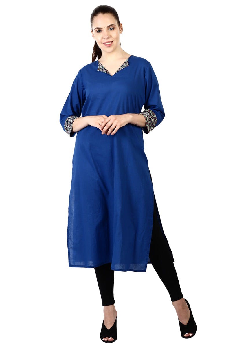 Get Solid Blue Cotton V-Neck Kurta at ₹ 799 | LBB Shop