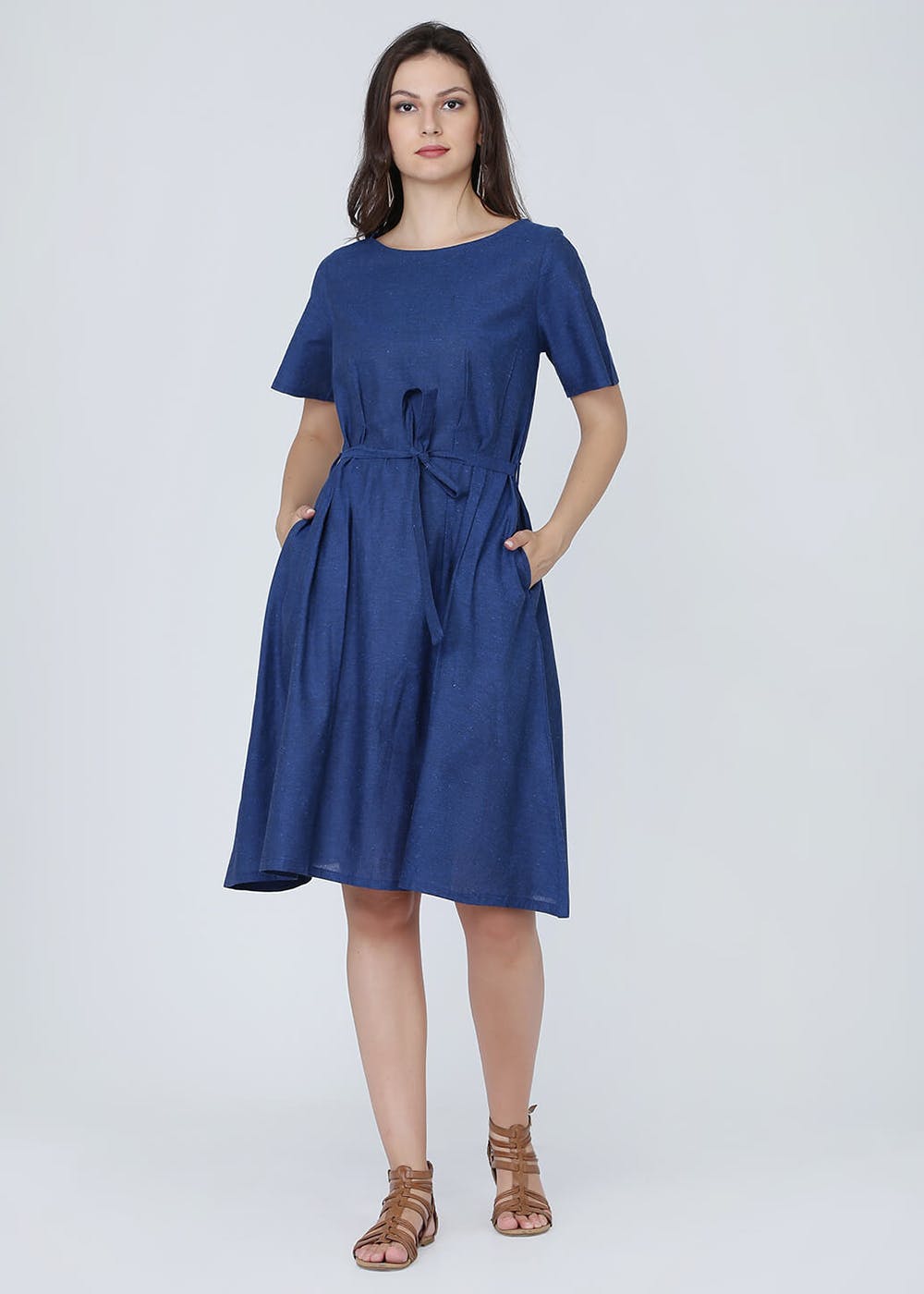 Get Solid Cotton Linen Pleated A-Line Dress at ₹ 1329 | LBB Shop