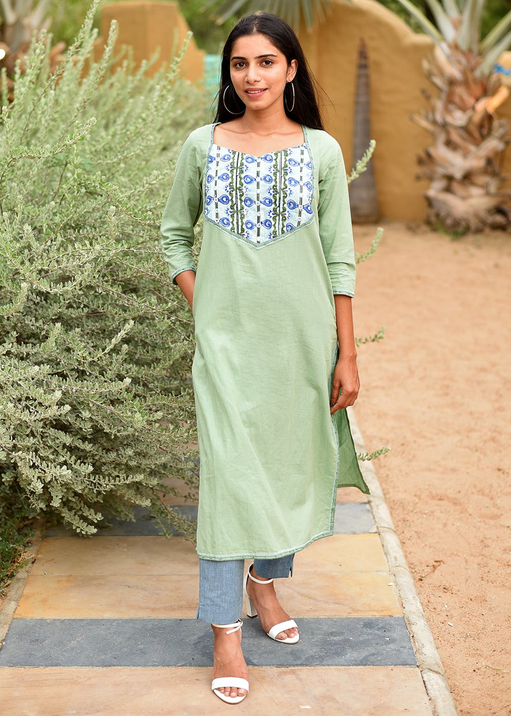 Get Printed Neckline Pista Straight Kurta at ₹ 1500 | LBB Shop