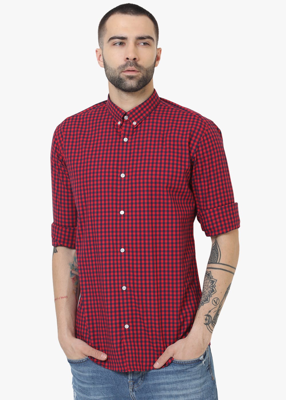 Get Contrast Small Checkered Red Shirt at ₹ 599 | LBB Shop