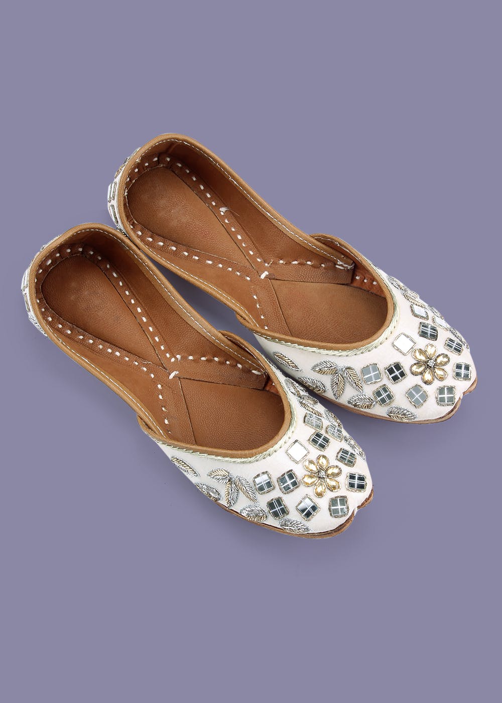 Get Multi Stone & Leaf Embellished White Juttis at ₹ 1399 | LBB Shop