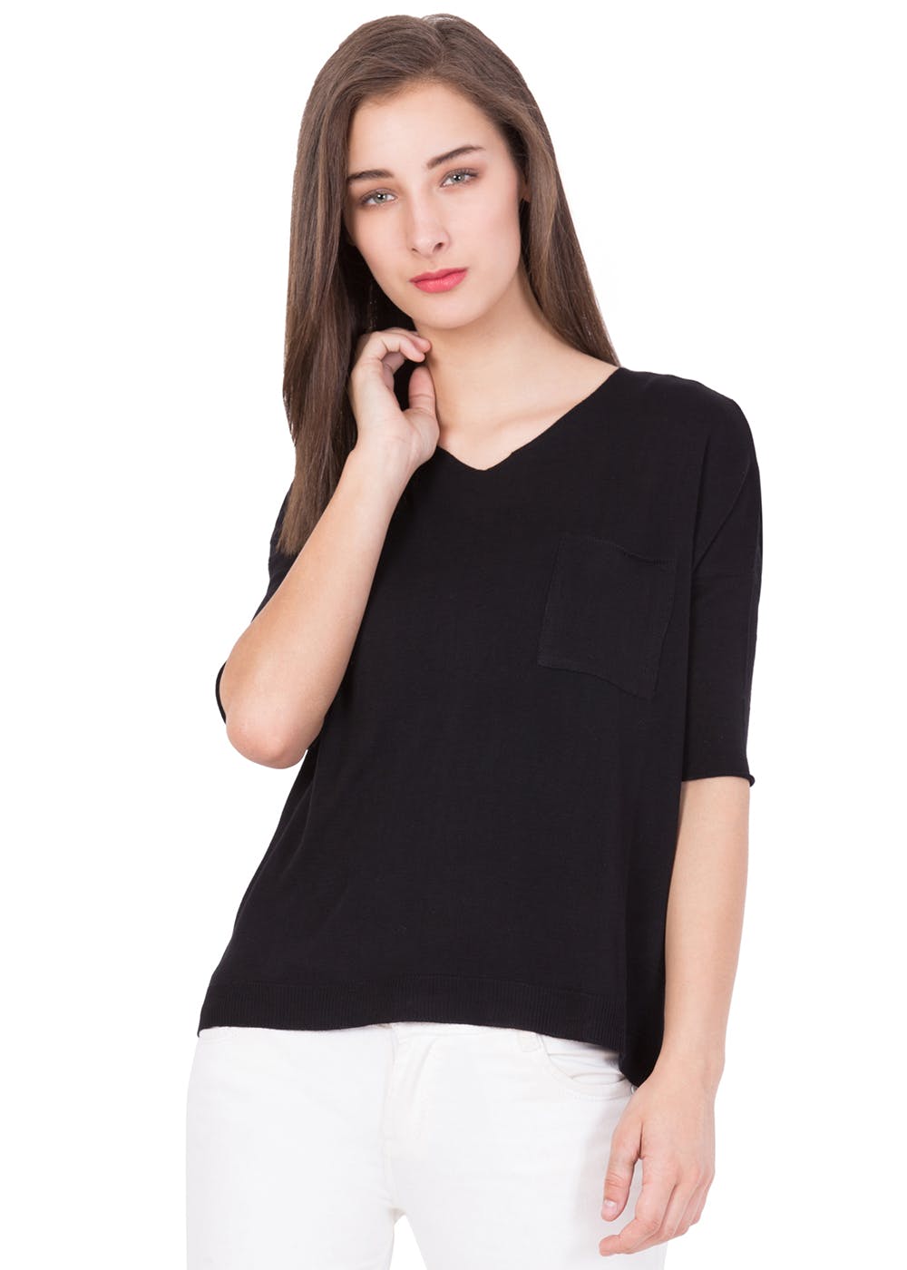 Get Patch Pocket Detail Black V-Neck Top at ₹ 999 | LBB Shop
