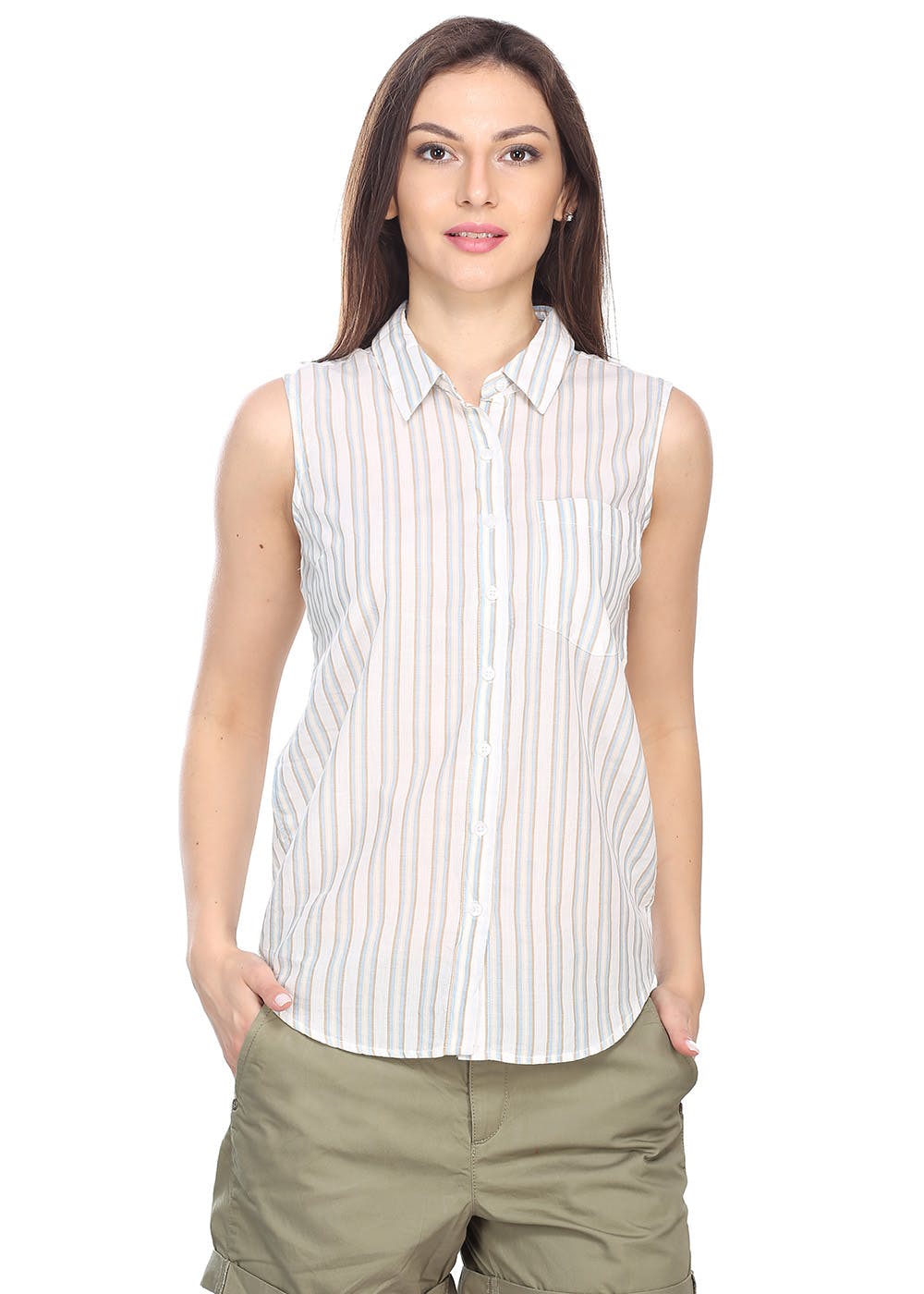 Get Curved Hem Detail Striped Sleeveless Shirt at ₹ 899 | LBB Shop