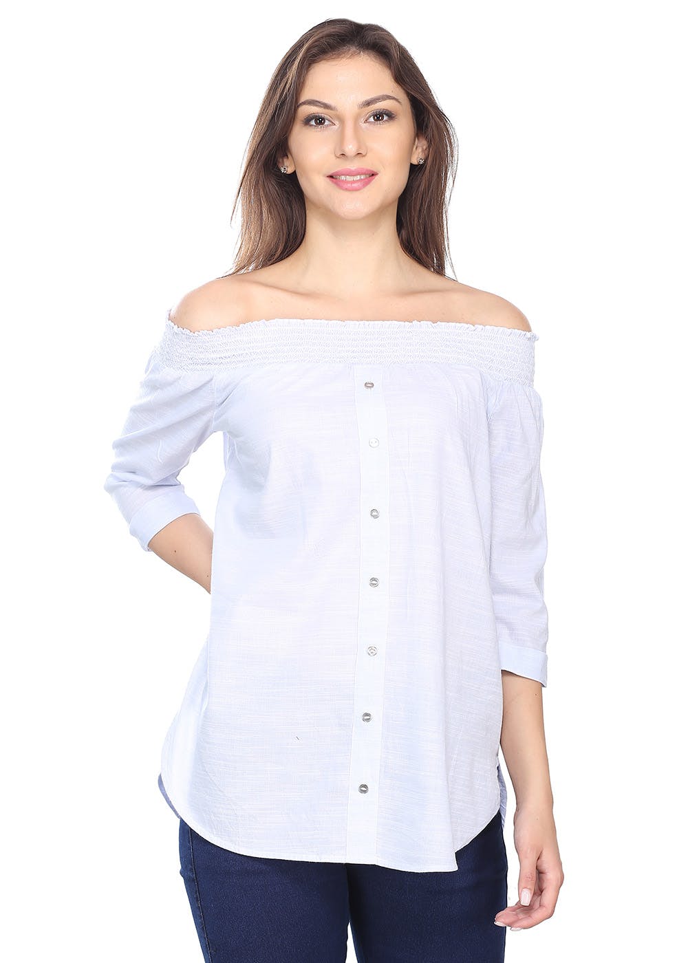 Get Scrunch Off-Shoulder Detail Blue Button Down Top at ₹ 999 | LBB Shop