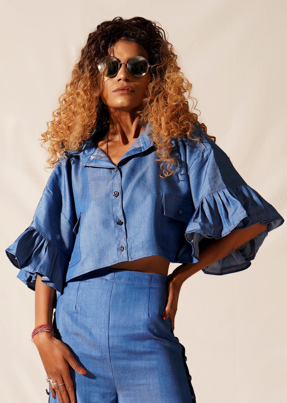 Get Multicoloured Patched Frilled Sleeve Detail Denim Boxy Top at ₹ 990 ...