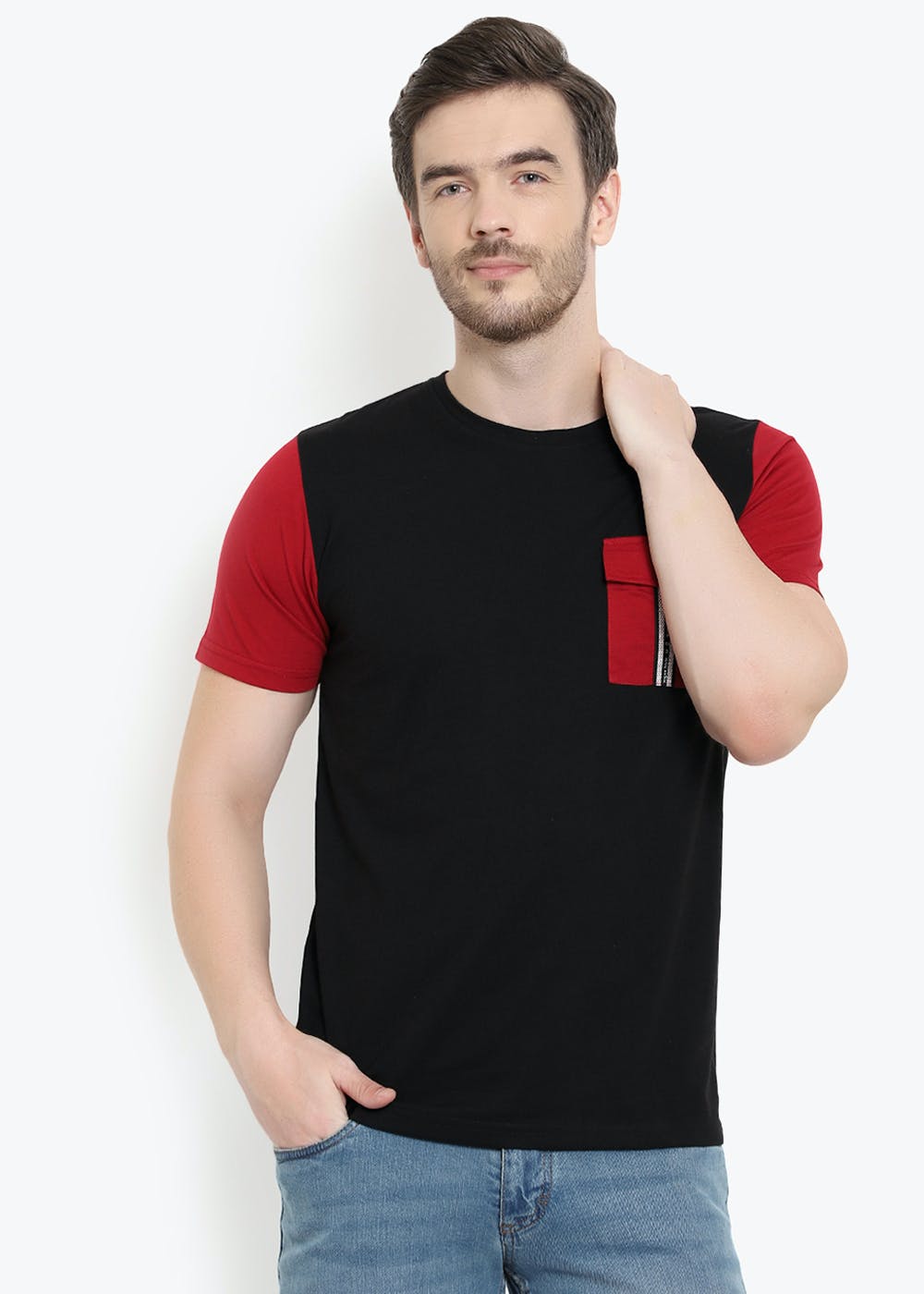 Get Contrast Patch Sleeves & Pocket Detail Black T-Shirt at ₹ 449 | LBB ...