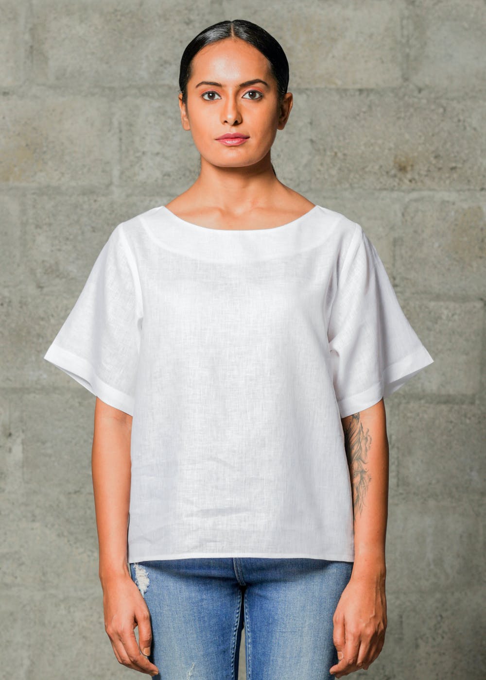 Get Solid Boxy White Linen Top at ₹ 2490 | LBB Shop
