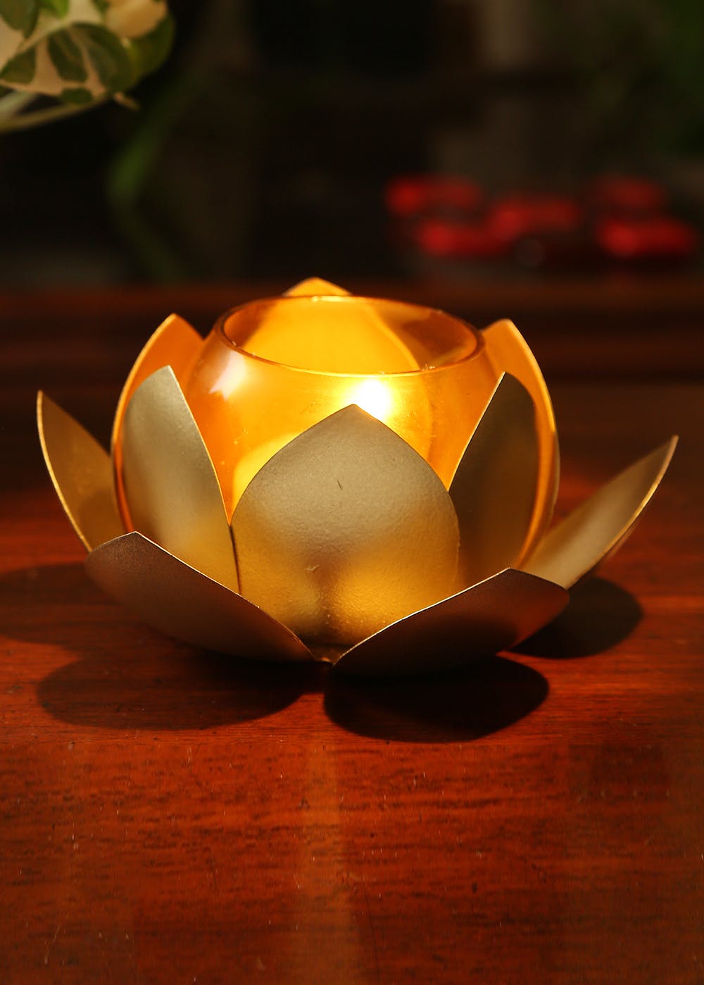 Get Iron Lotus Design Tealight With Yellow Glass In Gold Finish at ...