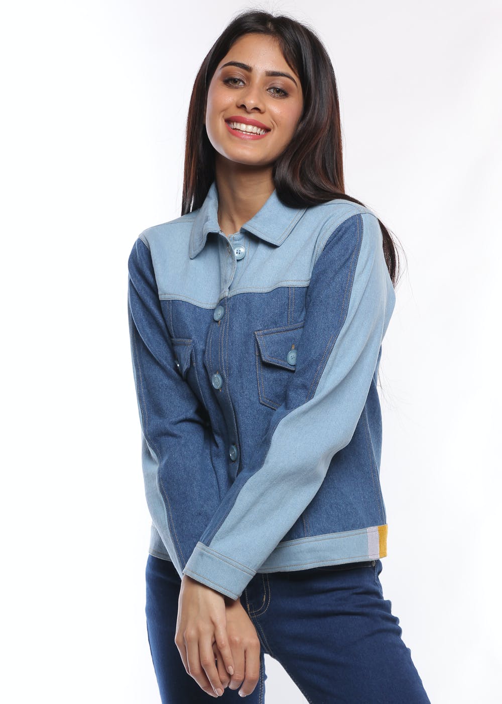 Get Ombre Blue Panelled Denim Jacket at ₹ 2560 | LBB Shop