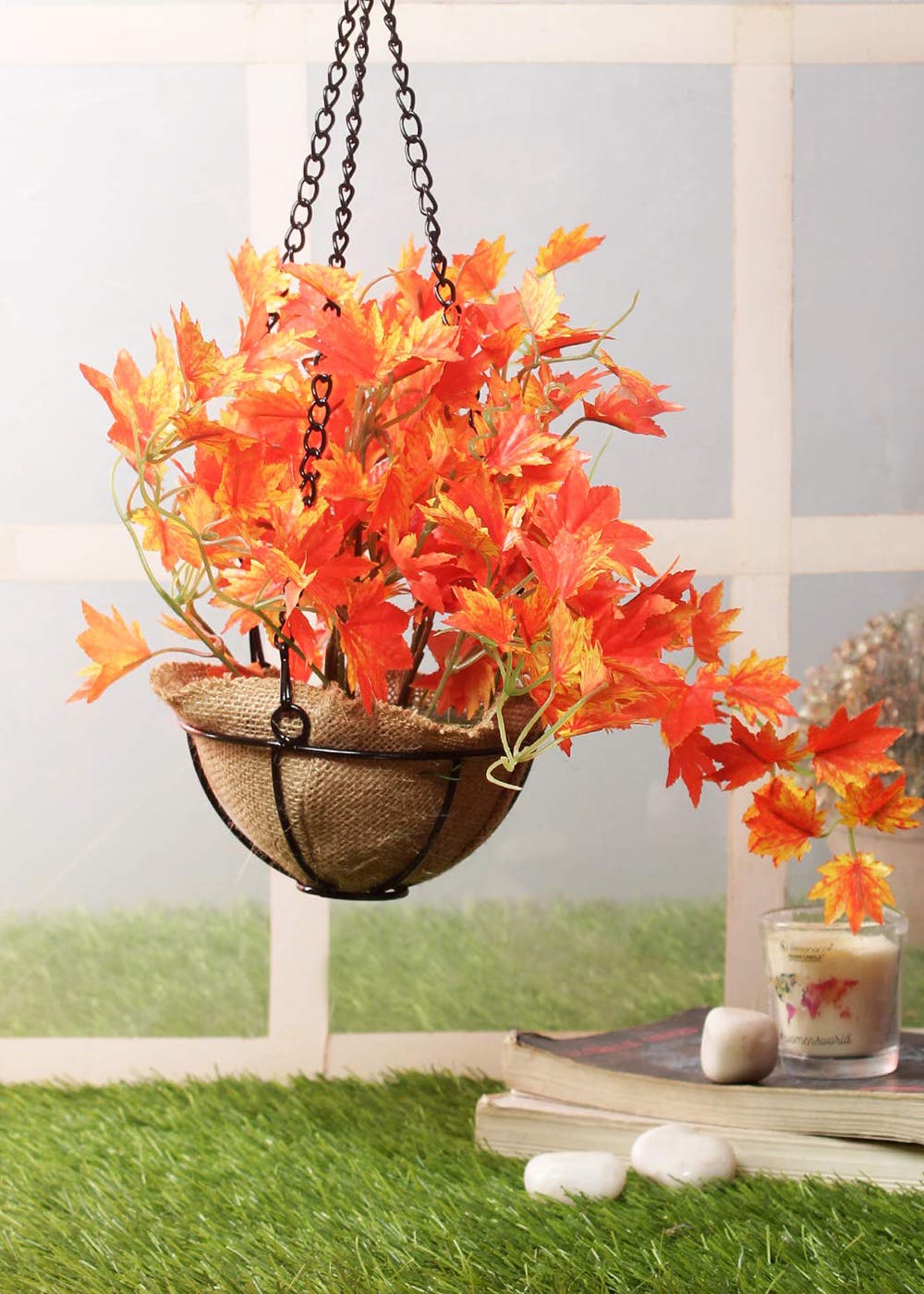 Get Alluring Artificial Maple Creeper in Jute Basket with Hanging Metal ...