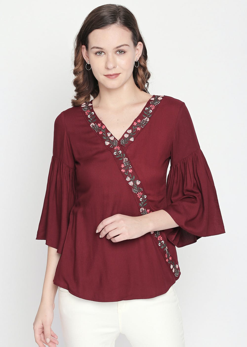 Get Floral Embroidered Diagonal Patch Detail Maroon Top at ₹ 650 | LBB Shop