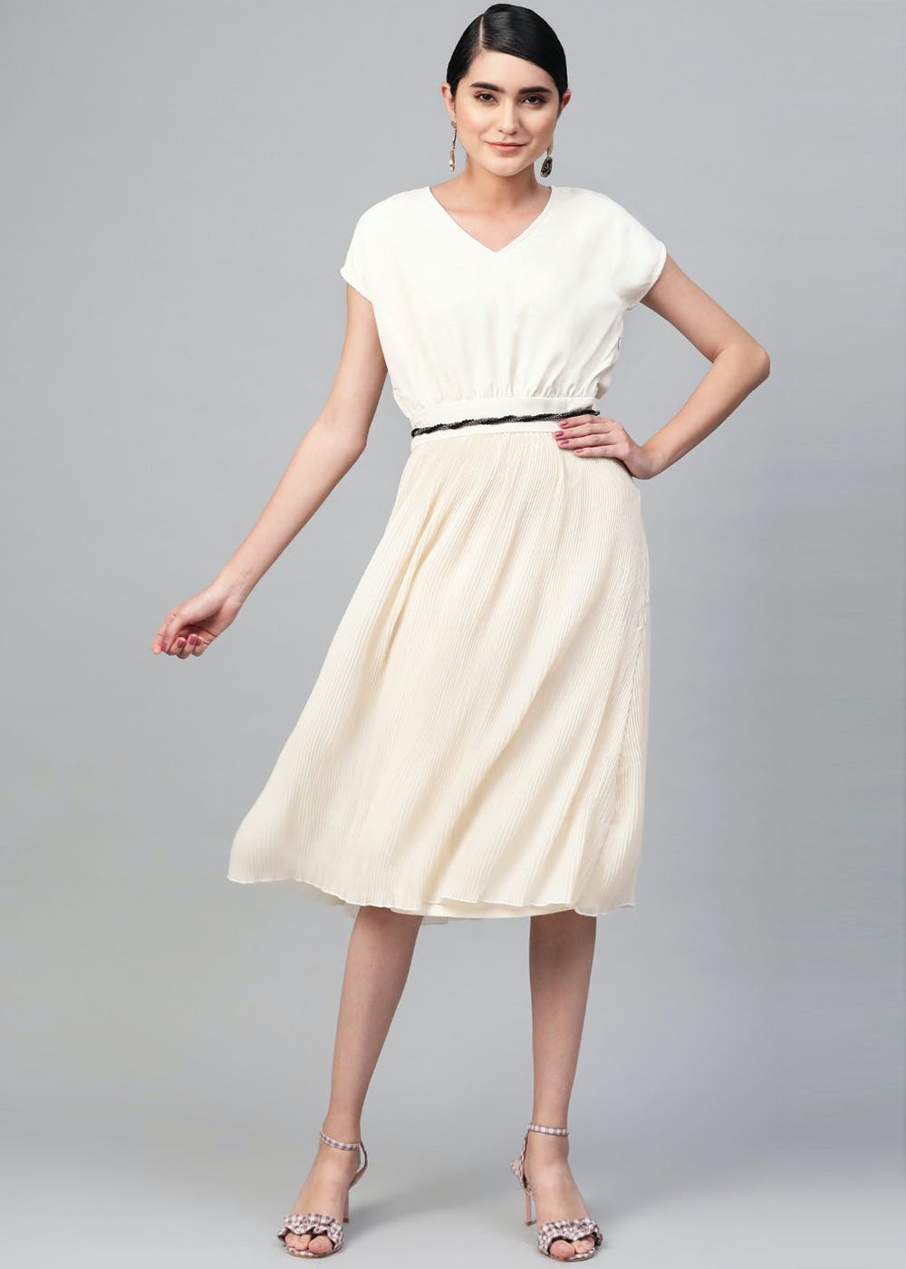 Get Off White Pleated Midi Dress at ₹ 2430 | LBB Shop