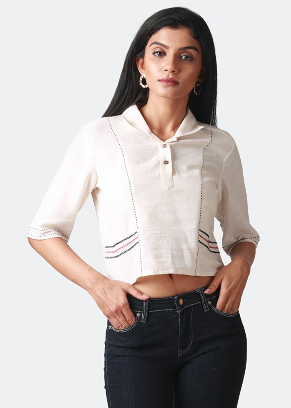 Get Contrast Lines Embroidered White Crop Top at ₹ 2459 | LBB Shop