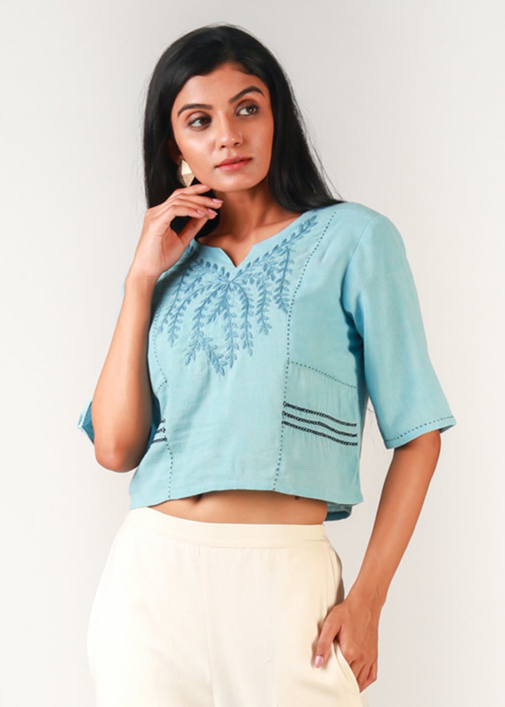 Get Stitch & Floral Embroidery Detail Solid Crop Top at ₹ 2539 | LBB Shop