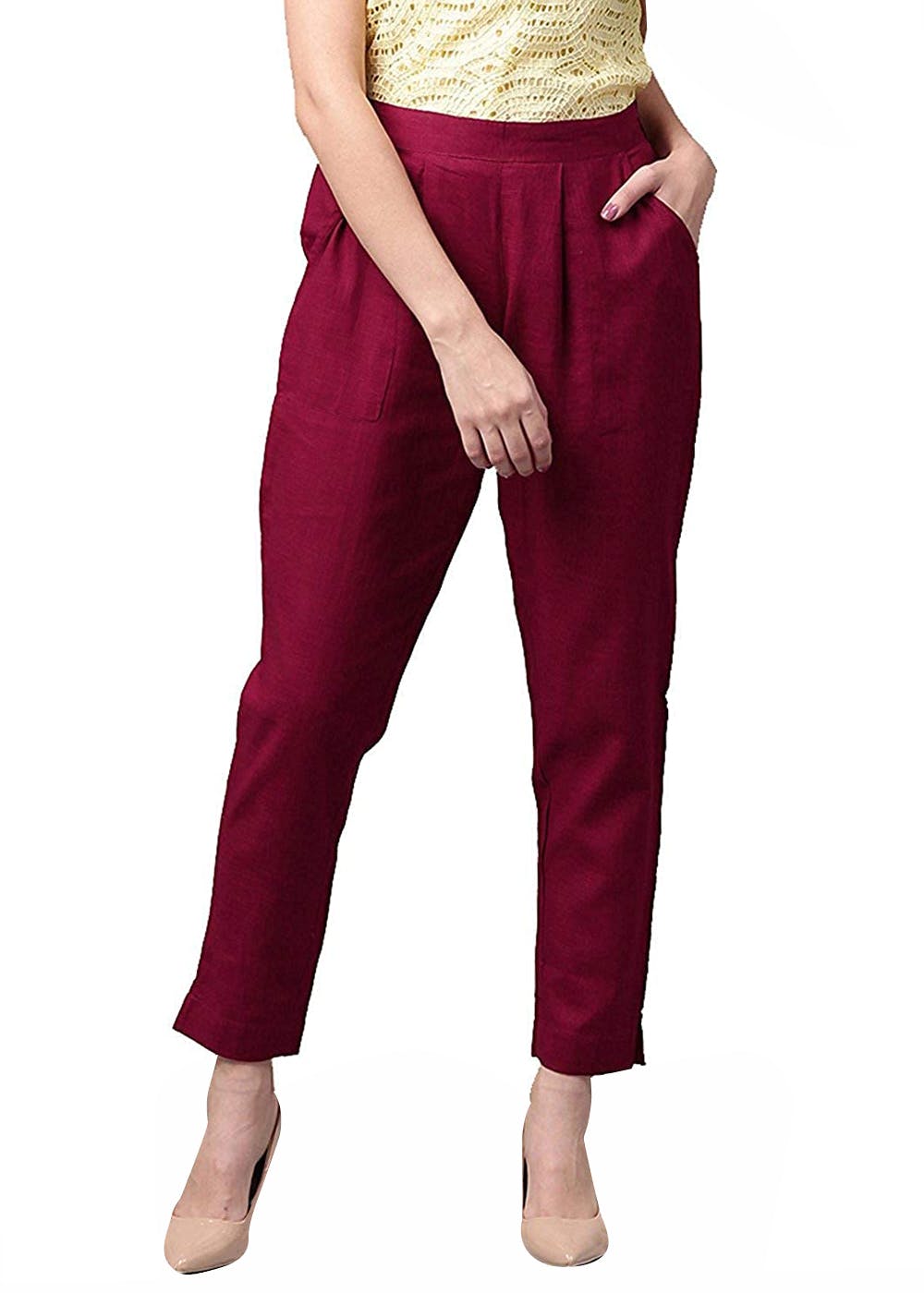 Get Maroon Ankle Slit Details Straight Rayon Pants at ₹ 489 | LBB Shop