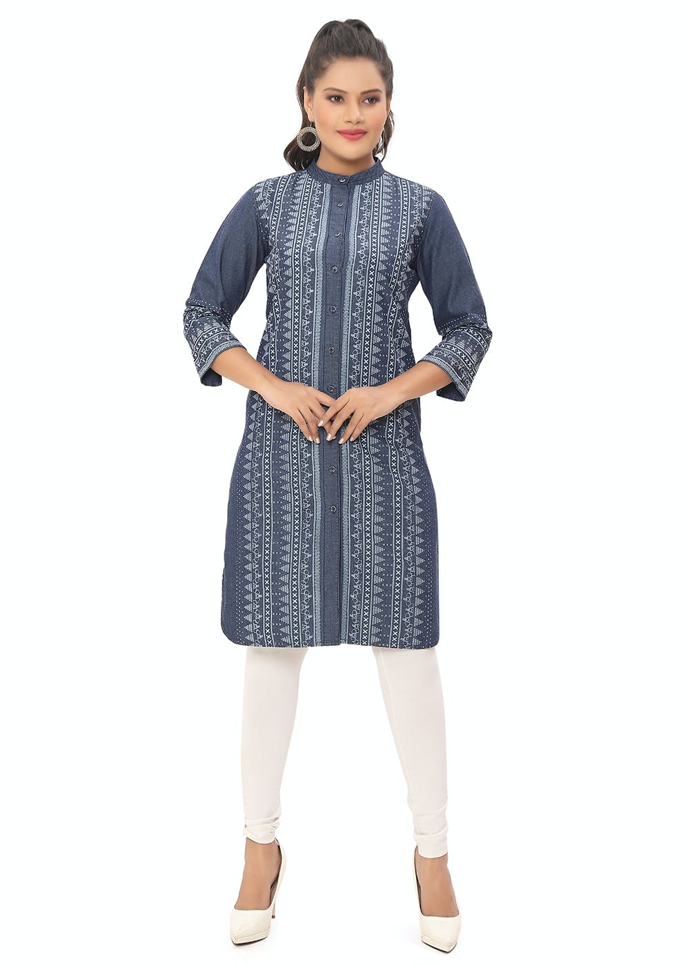 Get Geometric Pattern Printed Dark Blue Denim Tunic at ₹ 1499 | LBB Shop