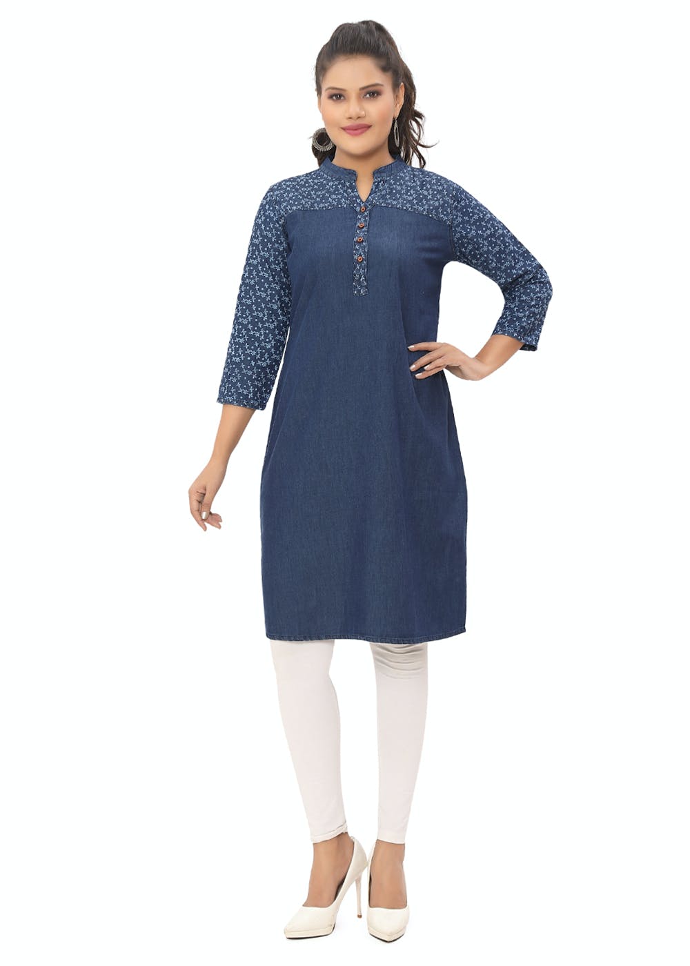Get Printed Sleeves & Neck Detail Dark Denim Tunic at ₹ 1499 | LBB Shop