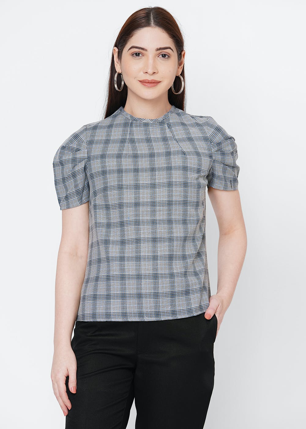 Get Puffed Sleeves Detail Checkered Top at ₹ 1259 | LBB Shop