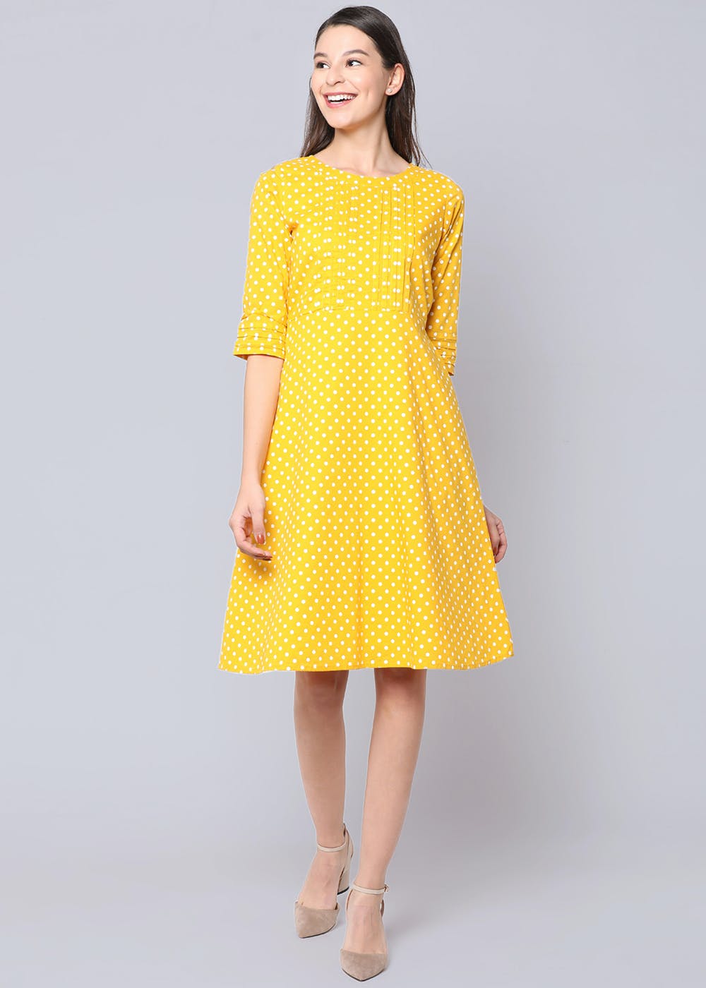 Get Pintuck Detail Polka Dots Yellow Dress at ₹ 2499 | LBB Shop