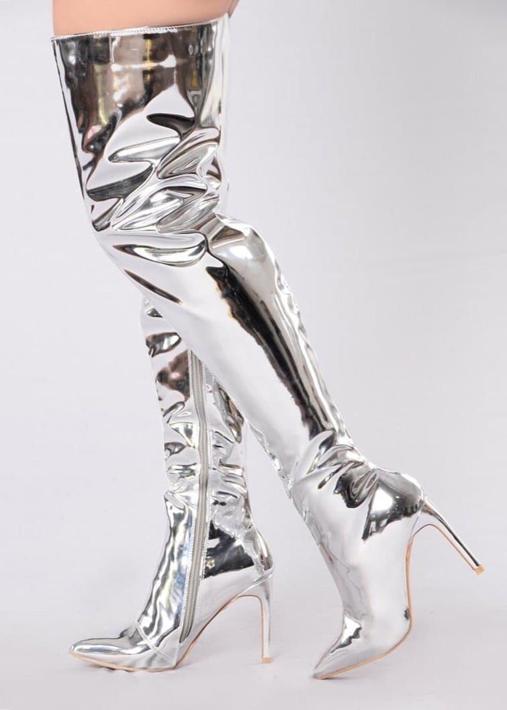 Get Silver Glossy Basic Thigh High Boots at ₹ 4999 | LBB Shop
