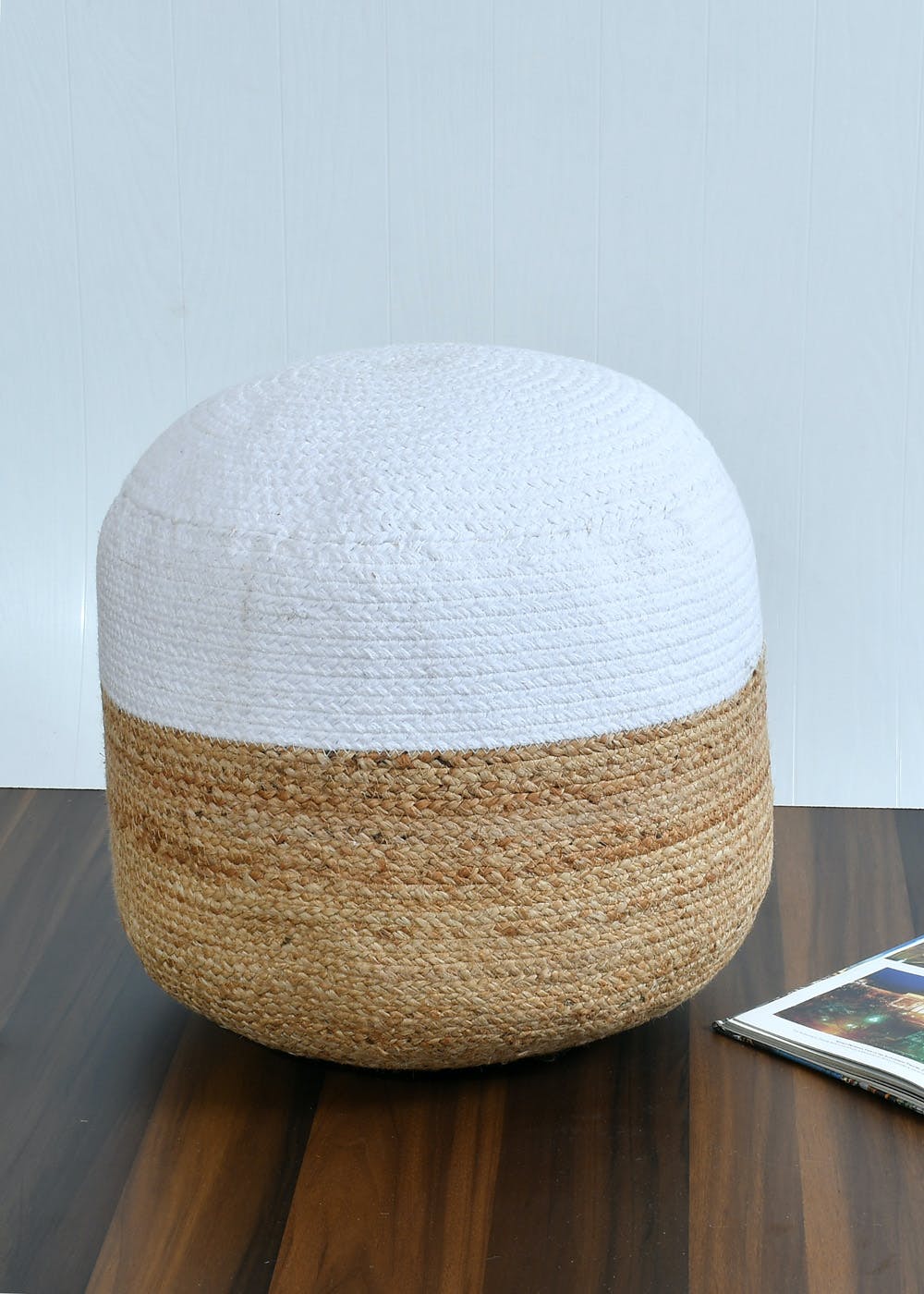 Get Jute & Cotton Pouffe in Natural & White at ₹ 1549 | LBB Shop