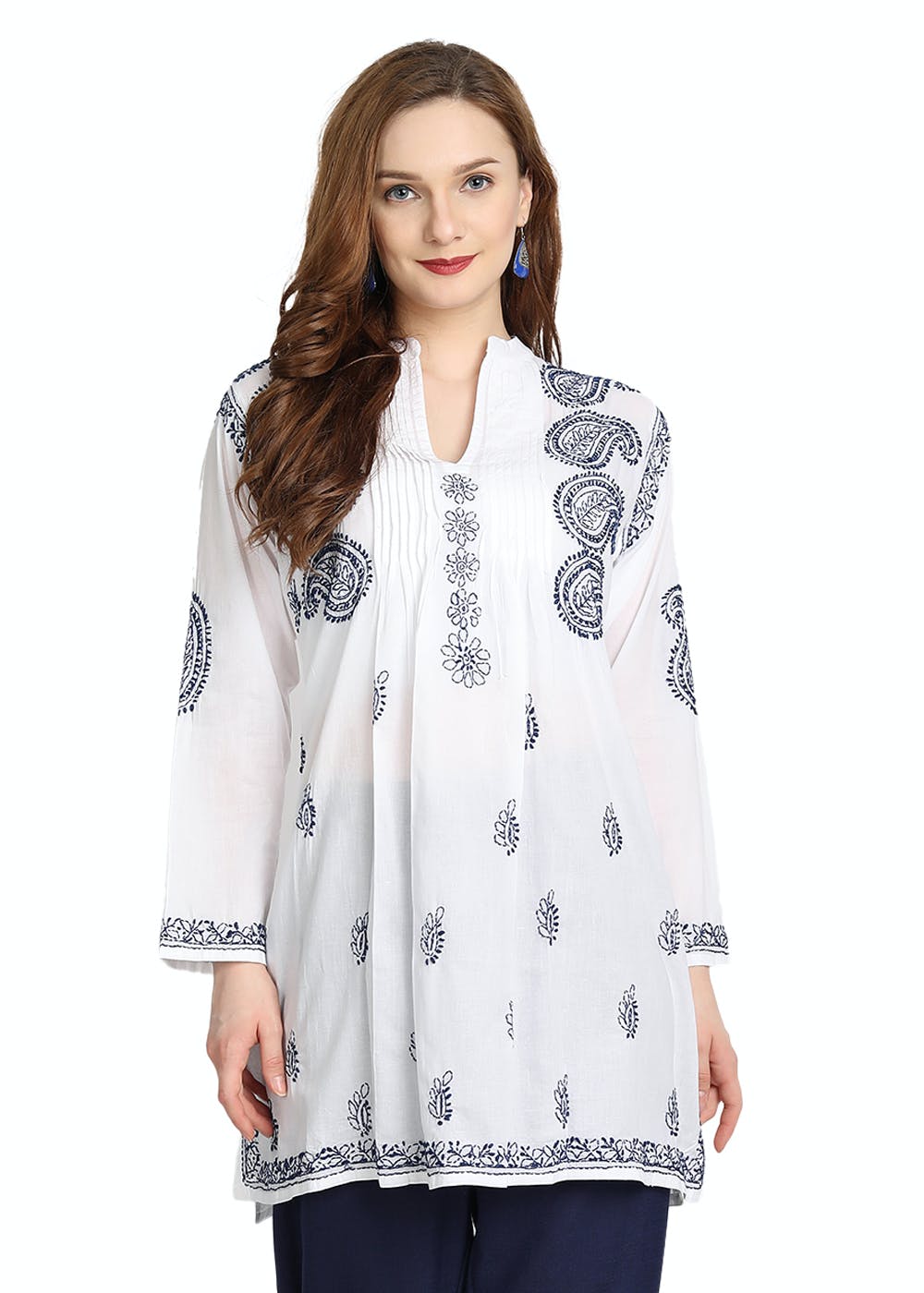 Get Pintuck Detail Contrast Floral & Paisley Chikankari Tunic at ₹ 1299 | LBB Shop