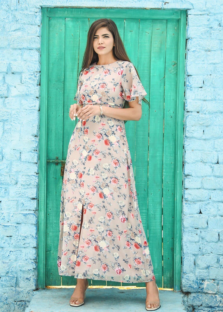 Get Botanical Print Flared Sleeves Maxi Dress At ₹ 1299 Lbb Shop