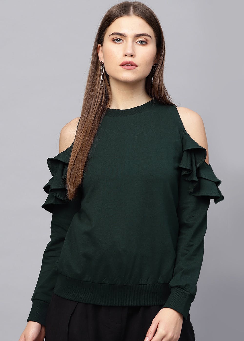 Get Solid Ruffled Cold Shoulder Sweatshirt at ₹ 1189 | LBB Shop
