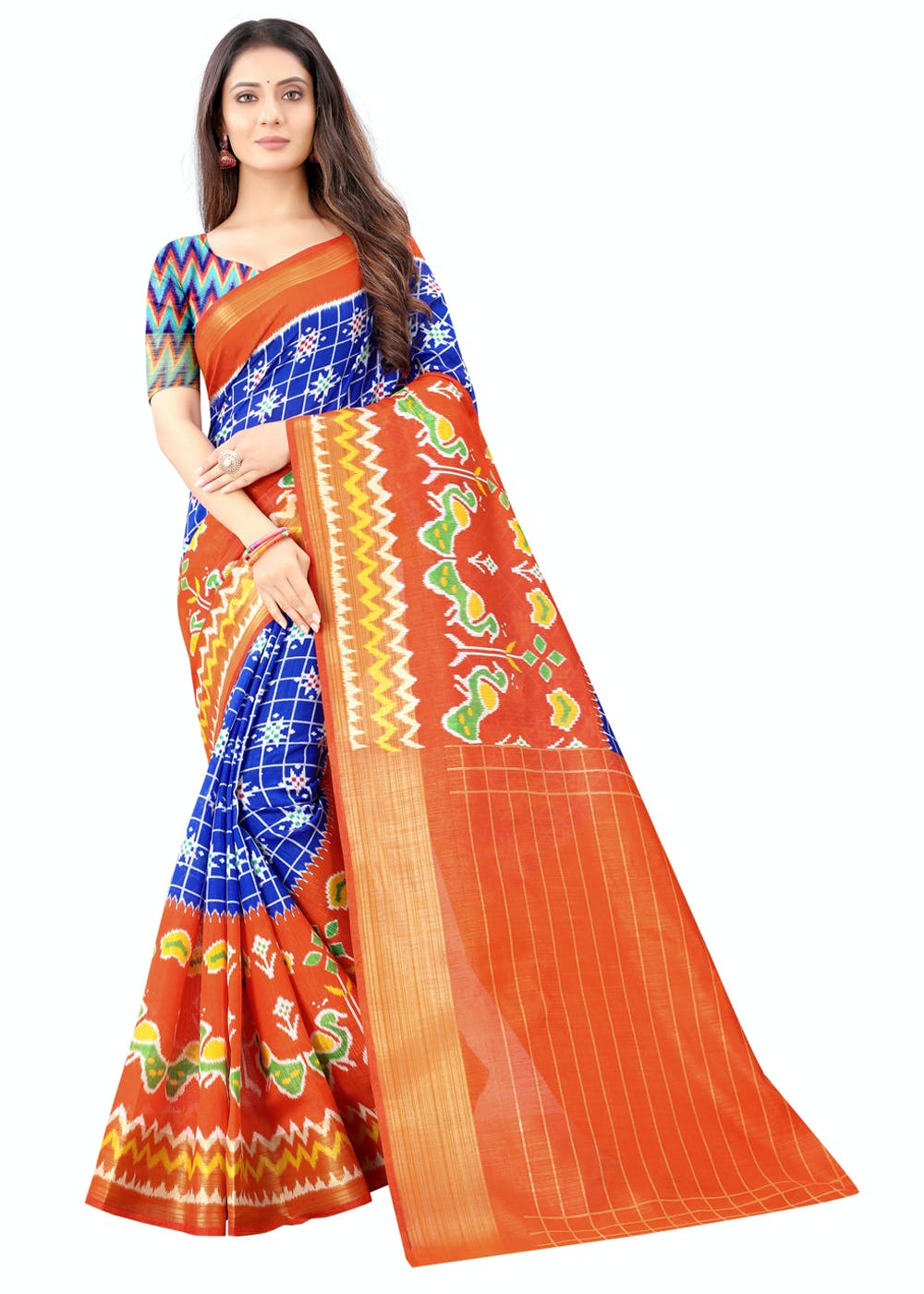 Get Blue & Orange Ikat Pattu Saree at ₹ 799 | LBB Shop