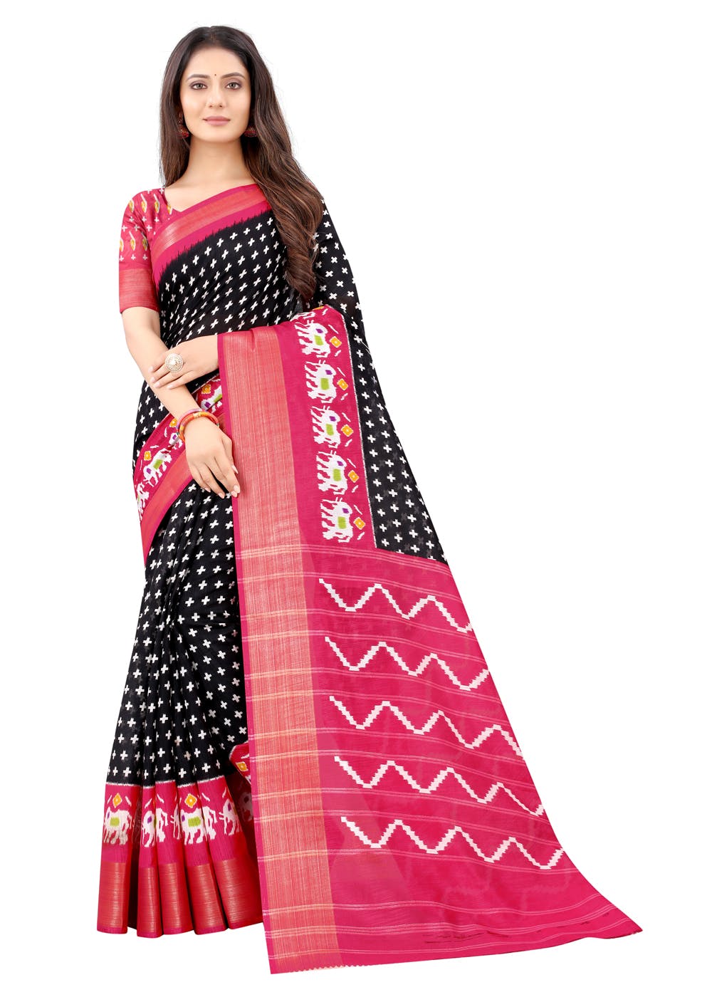 Get Black & Pink Ikat Pattu Saree at ₹ 799 | LBB Shop