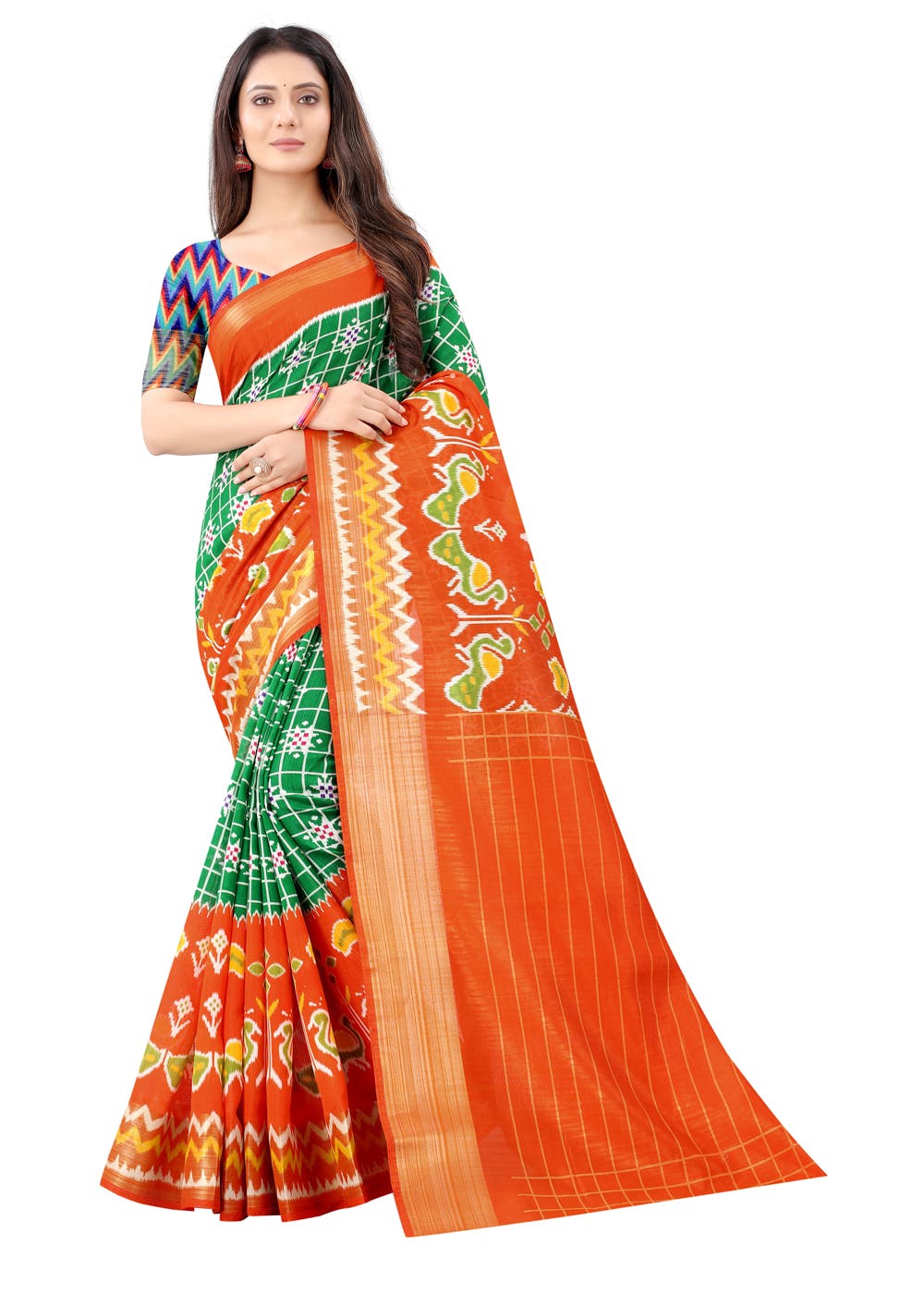 Get Green & Orange Ikat Pattu Saree at ₹ 799 | LBB Shop