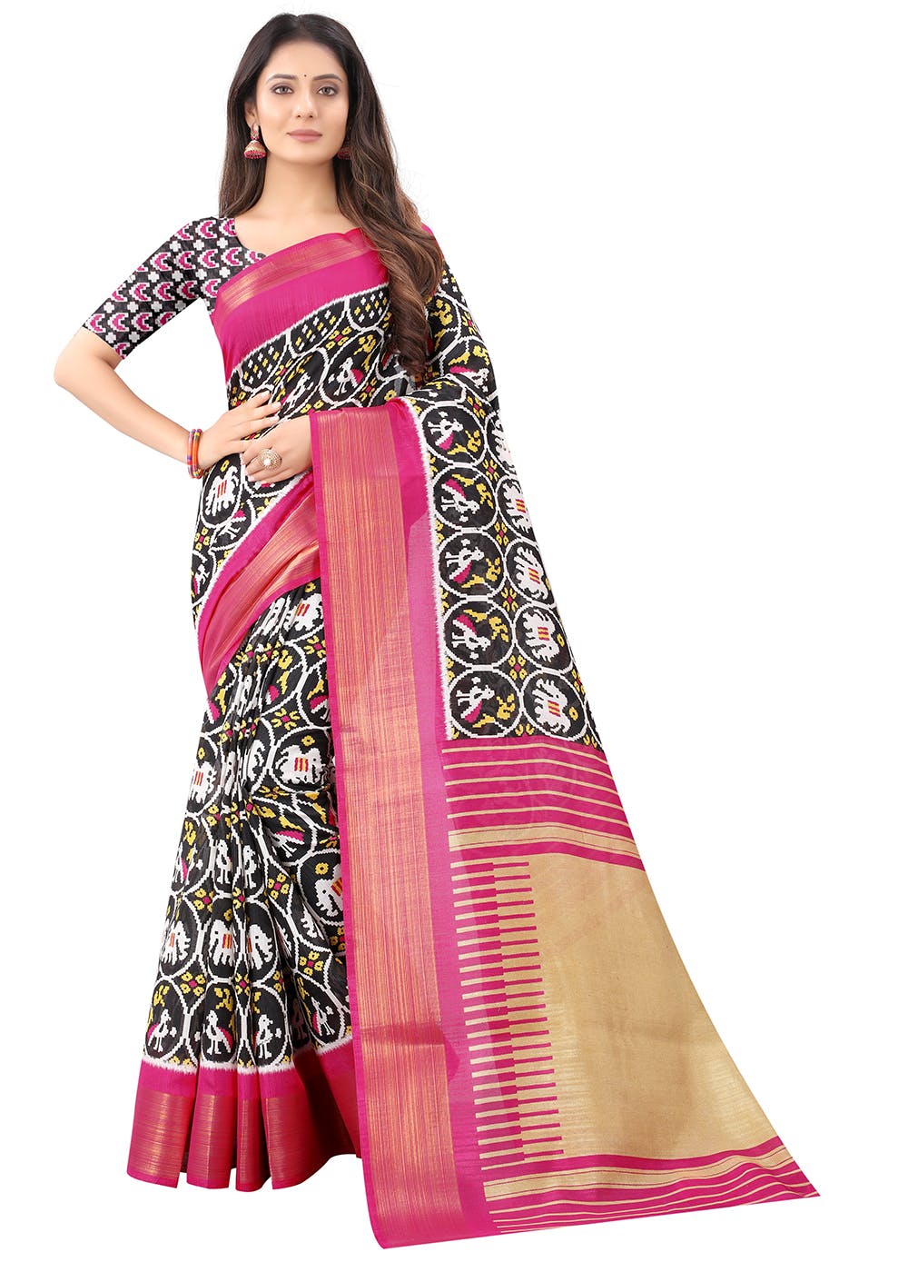 Get Black & Pink Ikkat Pattu Saree at ₹ 799 | LBB Shop