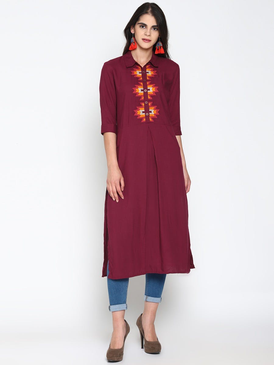 Get Embroidered-Maroon-Side-Slit-Tunic at ₹ 1199 | LBB Shop