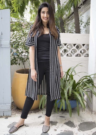 Get Vertical Stripes Monochrome Longline Jacket at ₹ 999 | LBB Shop