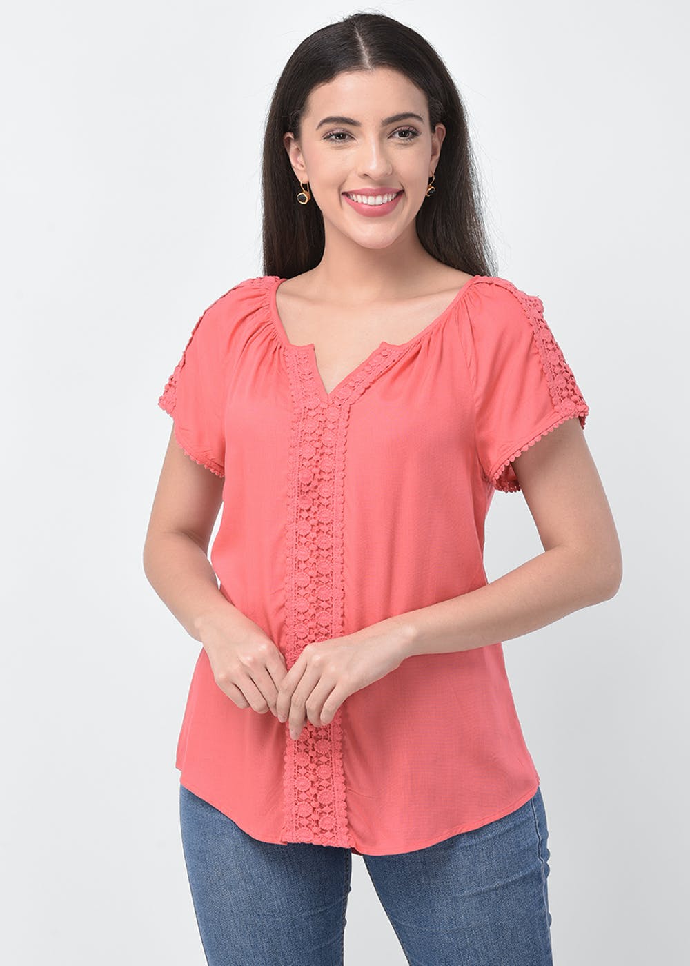 Get Lace Detail Solid Pink Short Sleeves Top at ₹ 925 | LBB Shop